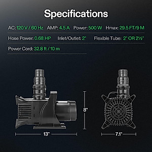 VIVOSUN 8190 GPH Submersible Water Pump, 500W Pond Pump, Ultra Quiet Aquarium Pump with 29.5FT Lift Height for Pond, Waterfall, Fish Tank, Statuary, Hydroponic