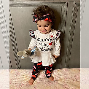 HINTINA Infant Baby Girls Valentine's Day Outfit Ruffle Long Sleeve Tunic Drees Top Love Heart Pants Headband 3PCS Clothes Set(White,6-12M)