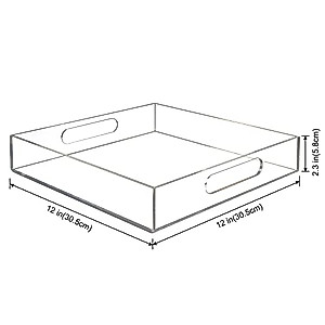 Acrylic Serving Tray with Handles, Spill-Proof Clear Breakfast Dinner Tray Decorative Tray Makeup Organizer Tray Countertop Coffee Table Tray for Living room, Bathroom, Bedroom, Kitchen - 12x12inch