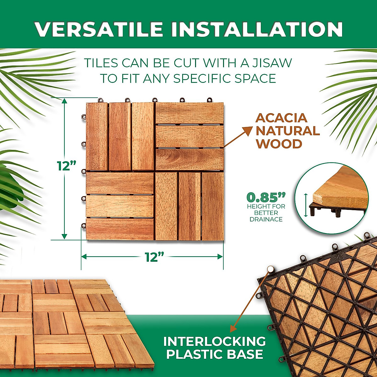 Acacia Deck Tiles (Pack of 10) - Hardwood Interlocking Patio Tiles, Outdoor Waterproof All Weather