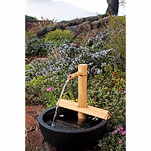 Bamboo Accents Water Fountain with Pump for Patio, Indoor/Outdoor, Adjustable 12-Inch Half-Round Flat Base, Split-Resistant Bamboo