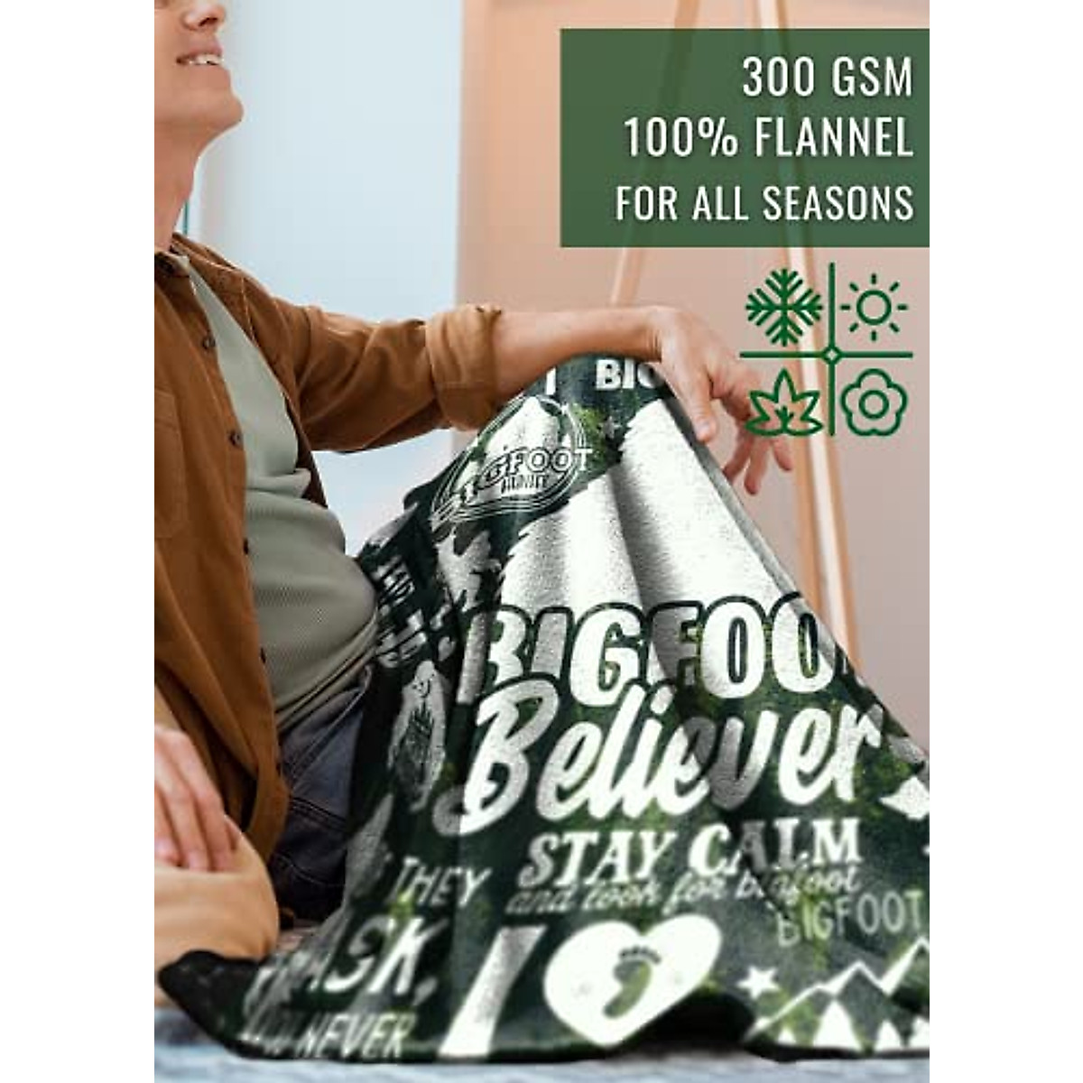 InnoBeta Bigfoot Gifts for Men Women, Sasquatch Gifts, Flannel Blanket for Sasquatch Lovers, Funny Idea for Bigfoot Lover, 50" x 65", Green Forest