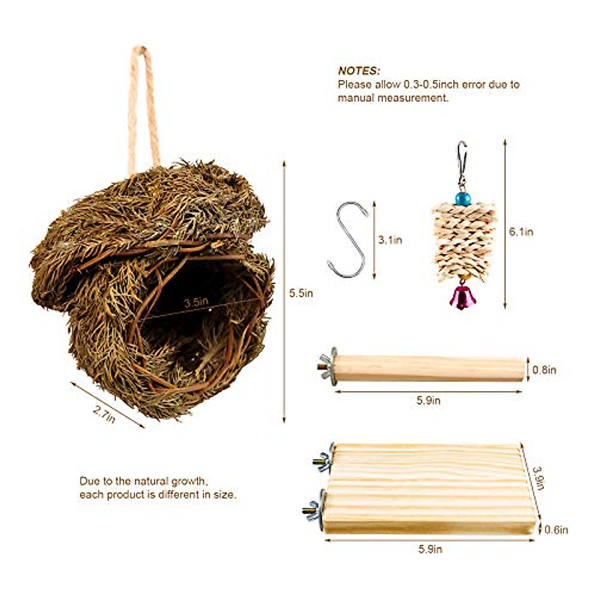 Hummingbird Bird Nest, Handwoven Straw Grass Hanging Bird Hut Grass Woven Parakeet Breeding Cave Cozy Resting Place Sparrow House for Cockatiel Parrots Parakeet Conures Finch (H02)