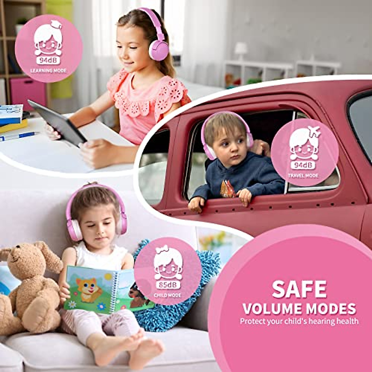 SHON Kids Wireless On-Ear Headphones - Pink Foldable Stereo with 3.5mm Jack, Wired Kids Headphones for Kids/Teen/Boy/Girl/Smartphone/School/Kindle/Airplane Travel/Airplane/Tablet(Pink)