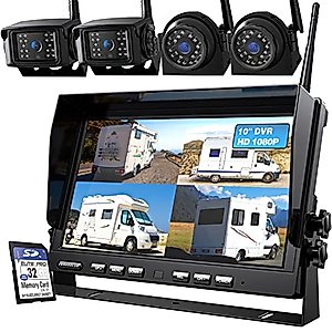 ZEROXCLUB 10'' 1080P Wireless Backup Camera System, 10 Inch DVR Quad Split Monitor Wireless Rear Side View Cameras, IP69 Waterproof Digital Signal Record System for RV/Truck/Trailer/Camper-BW104SL