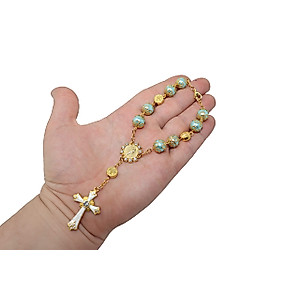 Faith & Gospel Blue Gold Rosary Beads Bracelet Medal Catholic Cross Religious Prayer Chaplet Handmade Communion Confirmation Car Pocket