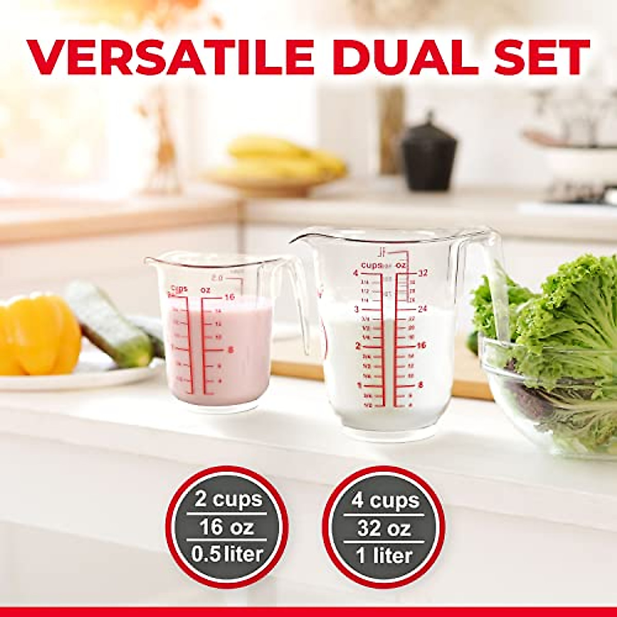 Mueller International Clear Measuring Cup Set – Two Piece Set 4 Cups/30 oz & 2 Cups/16 oz, Liquid and Dry Measuring Cups, Shutter-proof, European Made