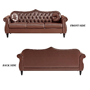 Modern PU Tufted Couch 3 Seater with Rolled Arms and Nailhead, Deep Button Nailhead Tufted Black Upholstered Couches, Roll Arm Classic Tufted Chesterfield Settee Leather Sofa for Living Room (Brown)
