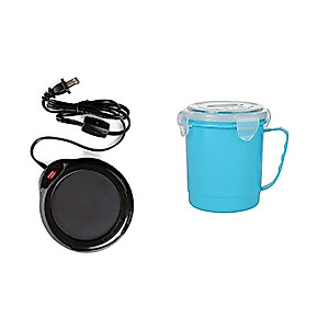 Home-X Mug Warmer, Desktop Heated Coffee & Tea - Candle & Wax Warmer (Black) and Microwave Soup Mug with Secure Snap Close Vented Lid, 22 Ounce, Blue