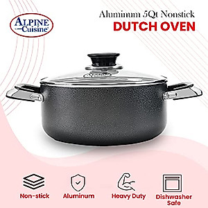 Alpine Cuisine 5 Quart Non-stick Stock Pot with Tempered Glass Lid and Carrying Handles, Multi-Purpose Cookware Aluminum Dutch Oven for Braising, Boiling, Stewing