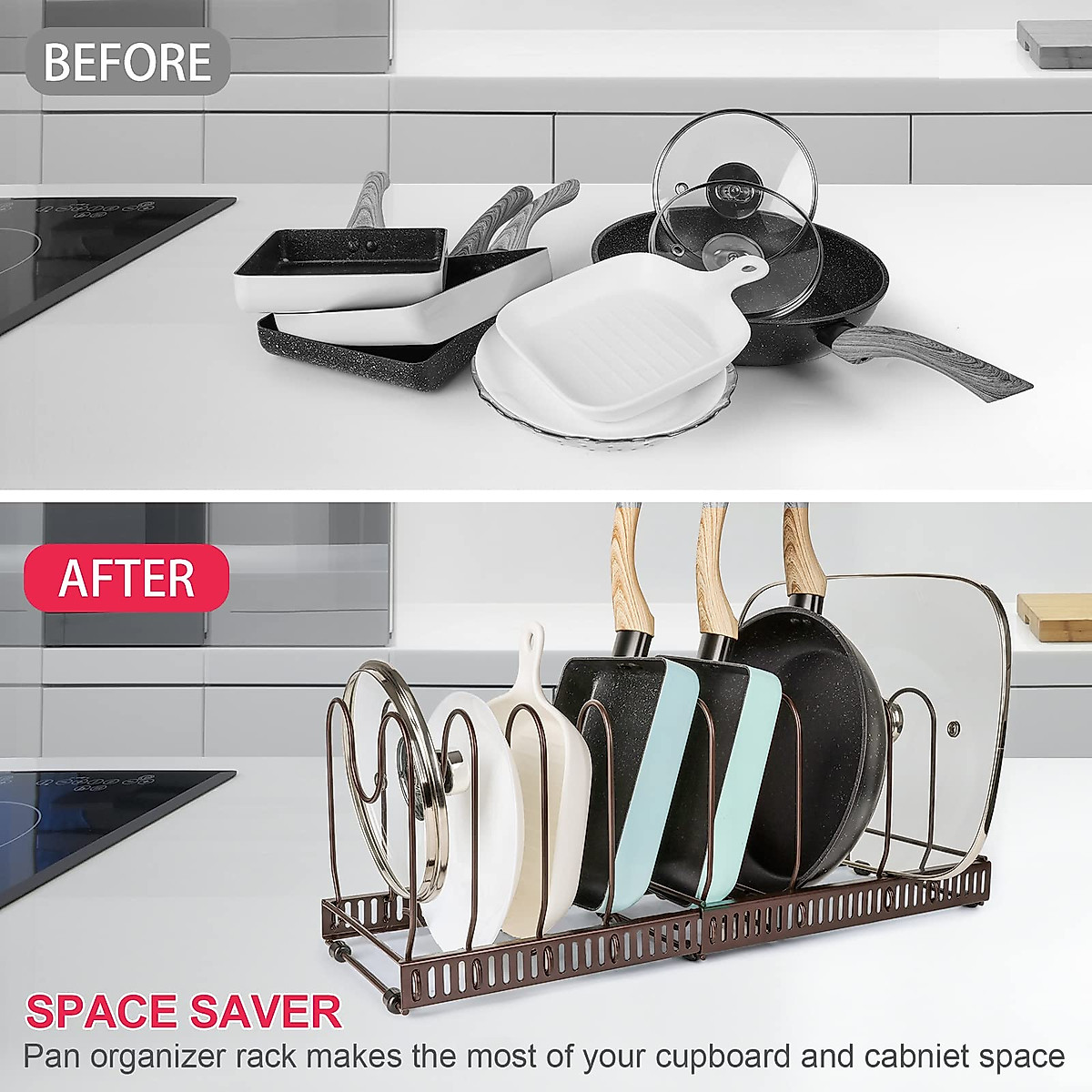 Expandable Pots and Pans Organizers Rack，Pot Cover Rack Grill Pan Rack Sticky Board For Cabinets，Pans Pot Lid Organizer Rack Holder with 7 Adjustable Compartments (7D-bronze)