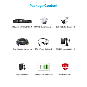 ZOSI H.265+ 1080p Home Security Camera System Indoor Outdoor, 5MP Lite CCTV DVR 8 Channel and 8 x 1080p Weatherproof Surveillance Bullet Dome Camera, Remote Access, Motion Detection (No Hard Drive)