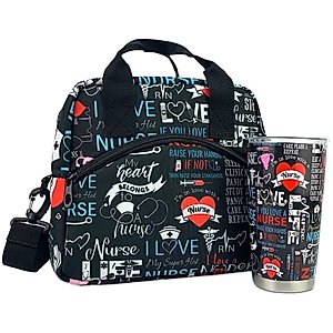 Nurse Insulated Lunch Bag Kit with 20oz Tumbler Cups with Lid, Reusable Large Lunch Box Bag with Adjustable Shoulder Strap for Work Picnic Travel, 2-Piece Gift for Nurses