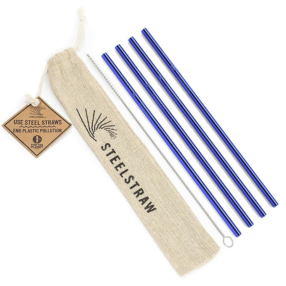 Metal Straws - 4 Reusable Stainless Steel Straws w/Cleaning Brush in Cloth Bag - Straight Straw fits 20 oz Tumblers