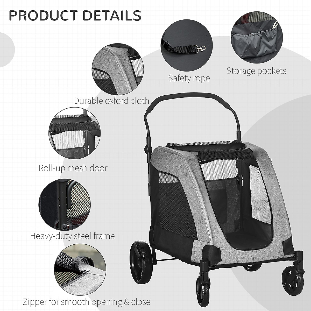 PawHut Pet Stroller Universal Wheel with Storage Basket Ventilated Oxford Fabric for Medium Size Dogs, Gray