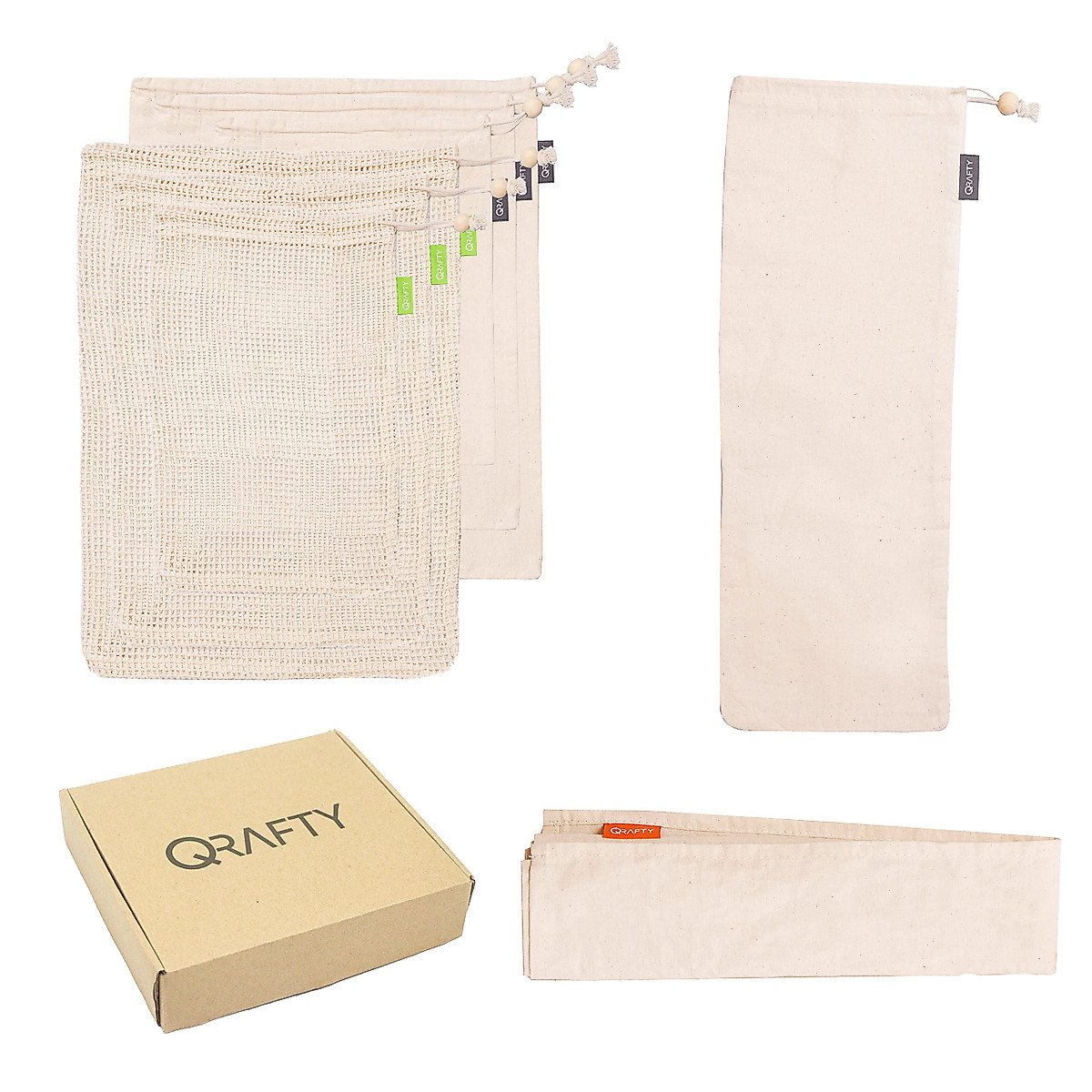 QRAFTY | Organic Cotton Produce Bags | Pack of 7 + 1 | Compact, Biodegradable, Food Safe Mesh & Muslin Bag Set | Reusable and Washable | Ultra Strong, Drawstring Bags for Grocery Shopping