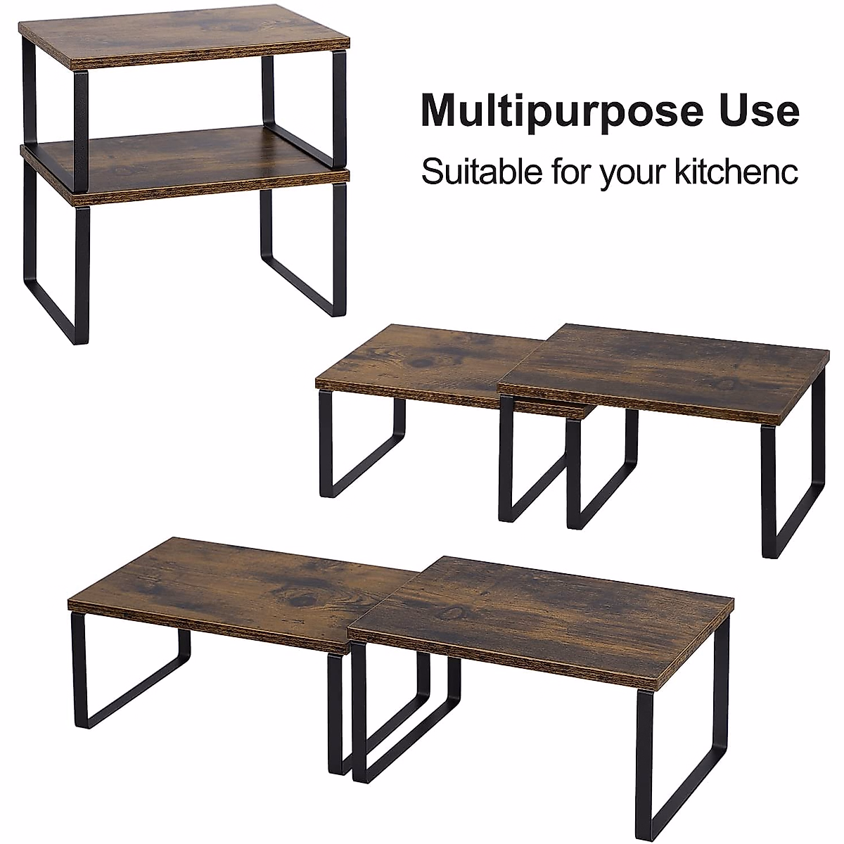 MOOACE Kitchen Counter Shelf, Stackable Cabinet Shelf Organizers Expandable Countertop Shelf for Pantry - Set of 4 - Brown