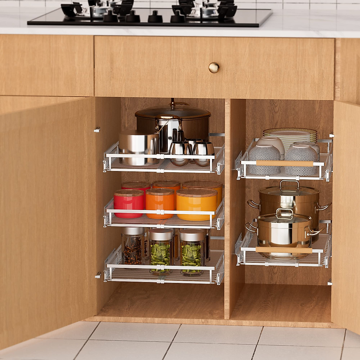 Pull Out Cabinet Drawer Organizer Expendable Slide Out Pantry Storage Shelves Heavy Duty Stainless Steel Shelf Rack for Kitchen Base Cabinet Pantry Closet Under Sink Divider Organization,2Packs