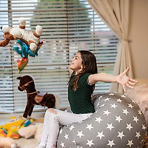 Wekapo Stuffed Animal Storage Bean Bag Chair Cover for Kids | Stuffable Zipper Beanbag for Organizing Children Plush Toys Large Premium Cotton Canvas (Grey star, X-Large)