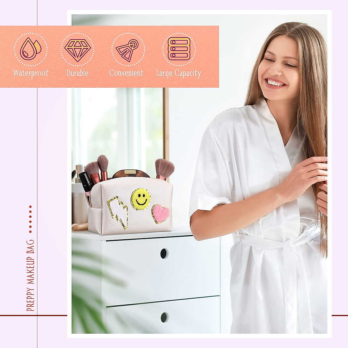 9 Pieces Preppy Patch Makeup Bag Chenille Letters Cosmetic Bag Smile Lightning Heart Pu Leather Portable Waterproof Toiletry Bag Travel Makeup Bag for Women (Gold, Smile, Lightning, Heart)