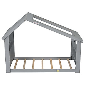 DUNTRKDU Twin Size Wood House Floor Bed Frame with LED Light, Modern Multifunction House Floor Bed with Roof Window and Wood Slats Support for Bedroom Girls Boys, Easy Assemble (Gray)