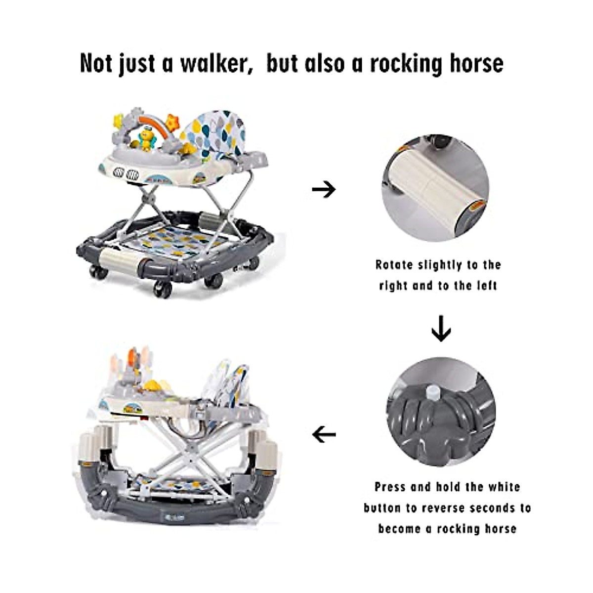 Boyro Baby 4 in 1 Baby Walker, Baby Walkers for Boys and Girls with Removable Footrest, Feeding Tray, Rocking Function & Music Tray, Foldable Activity Walker for Baby 6-18 Months, Help Baby Walk