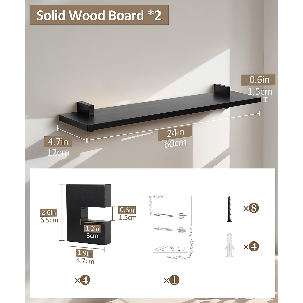 Gronda Black Floating Shelves for Wall 24 Inch Wood Floating Shelves Wall Mounted Wooden Shelf Set of 2, Modern Wall Decor Organizer for Bedroom, Kitchen, Office, Living Room