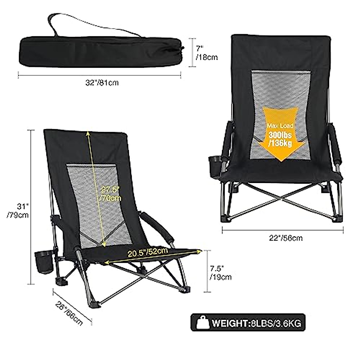 REDCAMP High Back Beach Chairs for Adults, Oversided Folding Low Beach Chairs for Concerts, Lightweight Portable for Camping Backpacking Outdoor Sports Events, Black