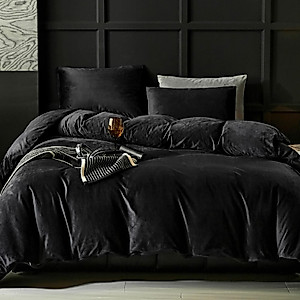 WARMDERN Black Velvet Duvet Cover King Size Flannel Duvet Cover Bedding Sets, 3pcs Ultra Soft Luxury Textured Modern Crystal Velvet Duvet Covers with Zipper Closure(Black, King)