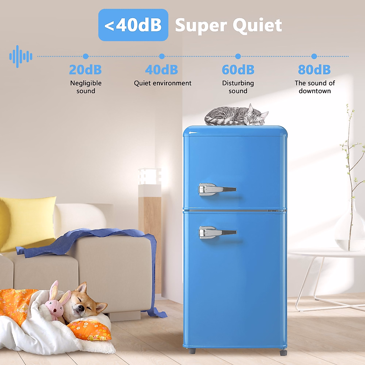 JANREAY Mini Refrigerator with Freezer 3.5 Cu.Ft, Small Refrigerator with 7 Settings Temperature, Adjustable Shelves, 2 Doors, Low Noise, Mini Fridge for Apartment, Bedroom, Office, Dorm Blue