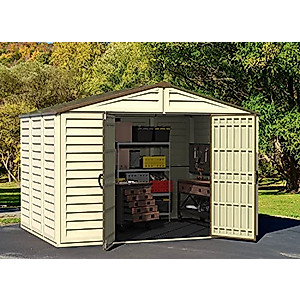 Duramax 0638801402145 Woodbridge Plus 10.5 x 8 Plastic Garden Shed with Foundation Kit & Fixed Window Brown-15 Years Warranty, 10x8, Brown & Ivory