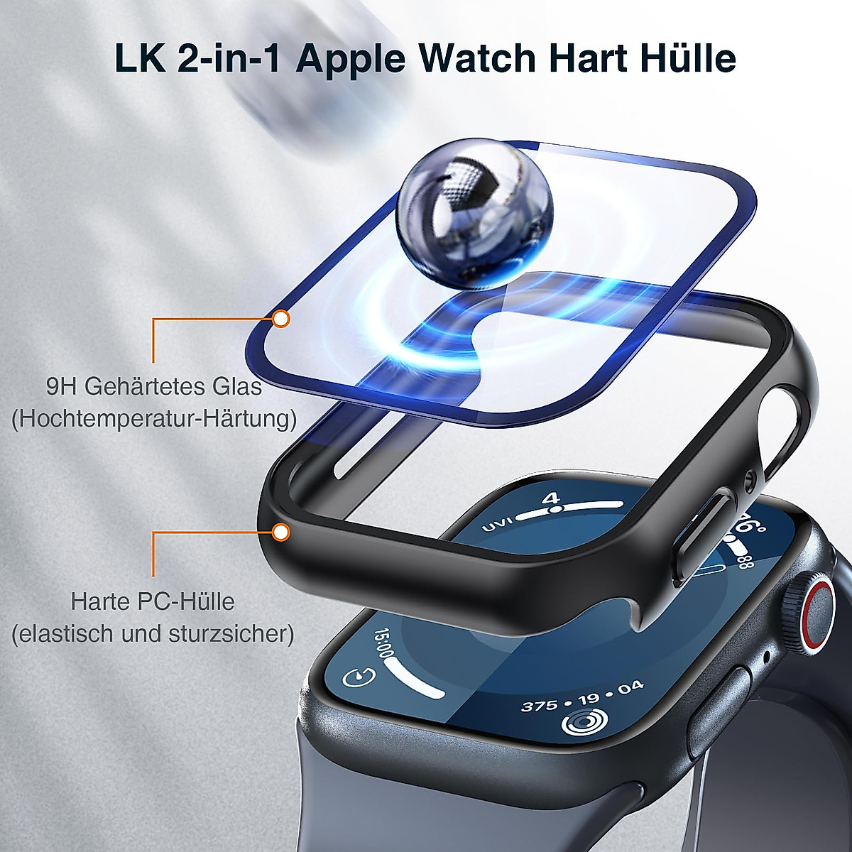 LK 2 Pack Hard PC Case with Tempered Glass Screen Protector Compatible for Apple Watch Series 9/8/7 45mm, Touch Sensitive, HD Ultra-Thin, Full Protective Cover for iWatch 9/8/7 45mm, Black