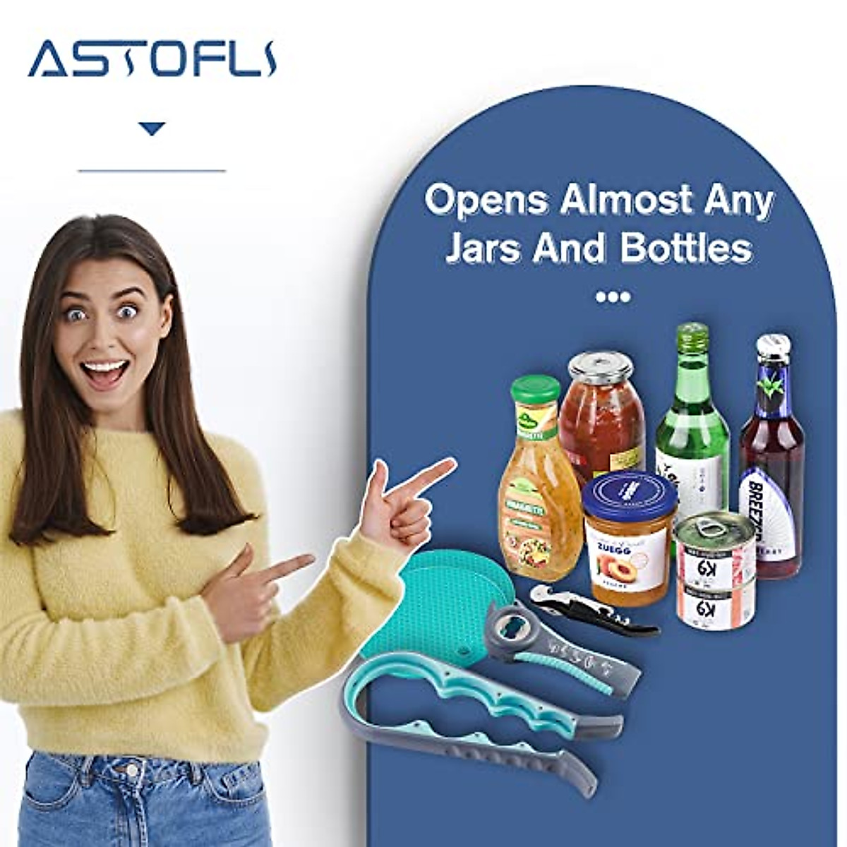Astofli 5 Pack Bottle Opener Jar Opener For Weak Hands, Arthritic Hands, Seniors With 2 Pcs Silicone Rubber Jar Opener Gripper Pad, Easy Twist Jar Opener Tool Beer Bottle Cap Opener And Wine Key Set