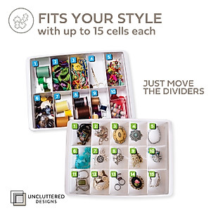 Uncluttered Designs Adjustable Drawer Dividers — Customizable Organization for Utility & Junk Drawers — Storage Solution for Kitchen and Office (White, 3 Pack)