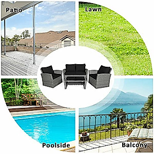 SAWQF 4 PCS Patio Rattan Furniture Set Sofa Table Storage Shelf Black Cushion Armchair
