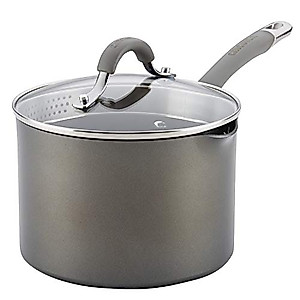 Circulon 84567 3-Qt.Covered Straining Pour Spouts Hard Anodized Aluminum Saucepan, 3 quart, Oyster Gray