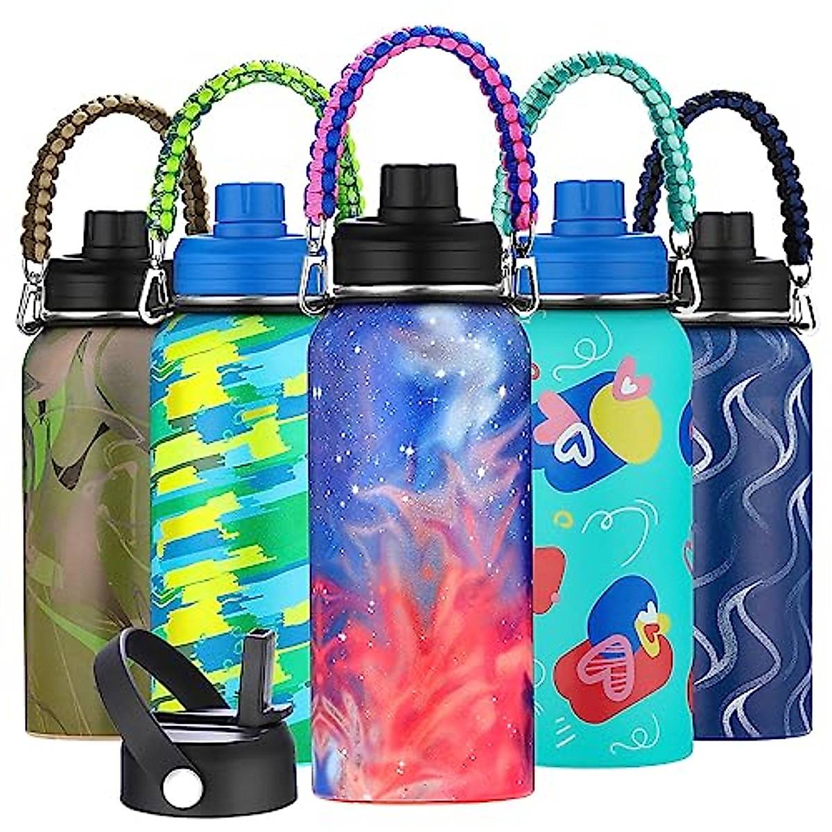 WEREWOLVES Personalized Insulated Water Bottle with Paracord Handle Straw Lid & Spout Lid, Vacuum Stainless Steel Wide Mouth Water Bottle for Adults 24 oz, 32 oz, 40 oz