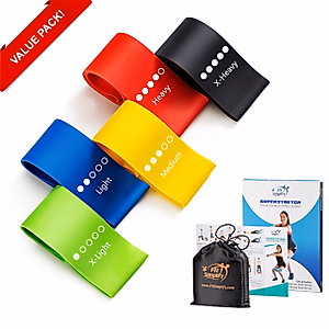 Fit Simplify Resistance Loop Exercise Bands with Instruction Guide and Carry Bag, Set of 5