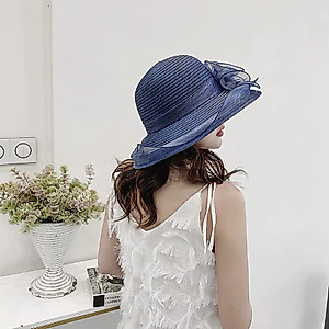 Organza Kentucky Fascinator Hat for Women - Derby Cocktail Tea Party Sun Hat Wedding Bridal Flower Church Hat Packable Dark Navy
