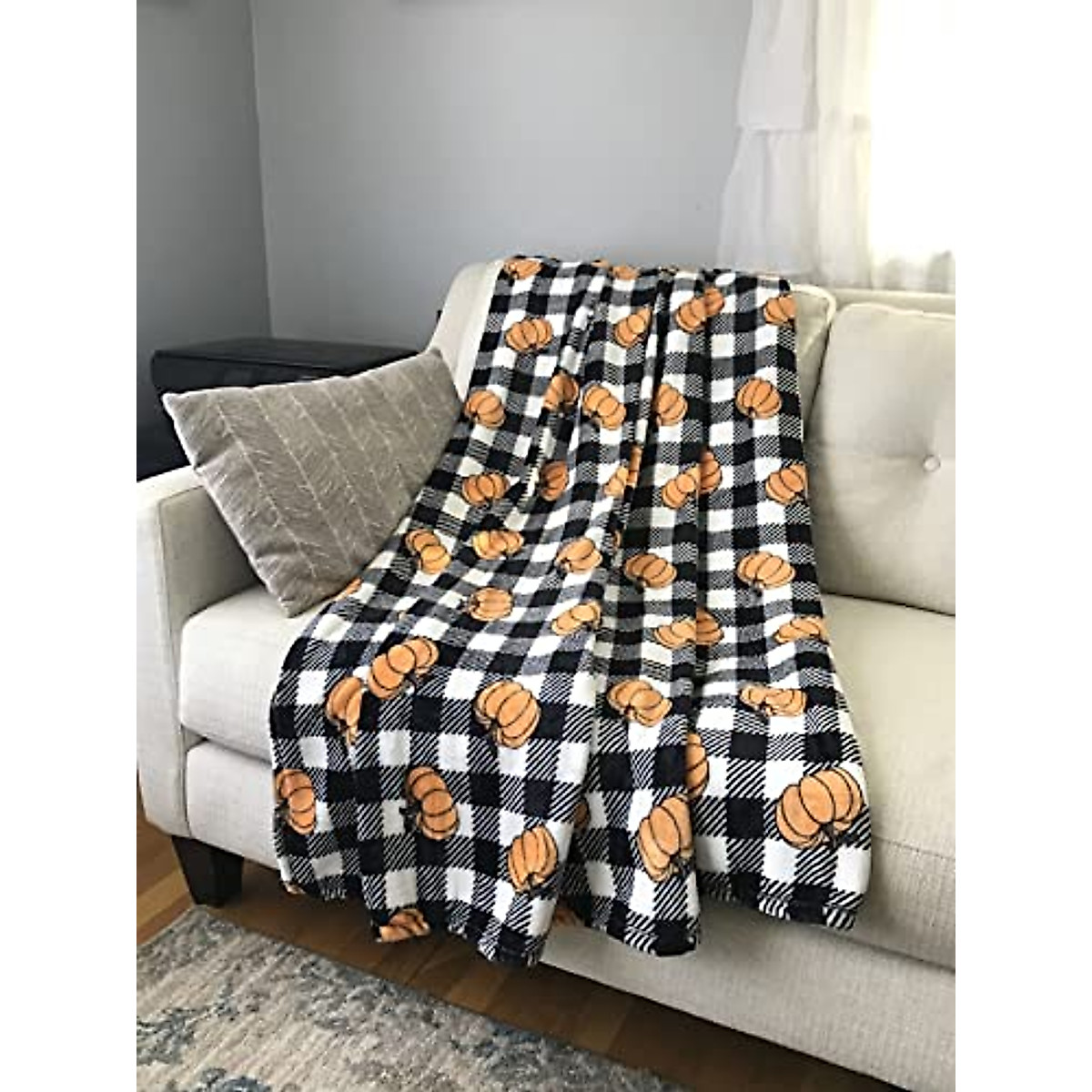 Fall Decor Throw Blanket: Modern Farmhouse Country Black and White Check with Orange Pumpkins for Living Room Couch Bed Chair Dorm