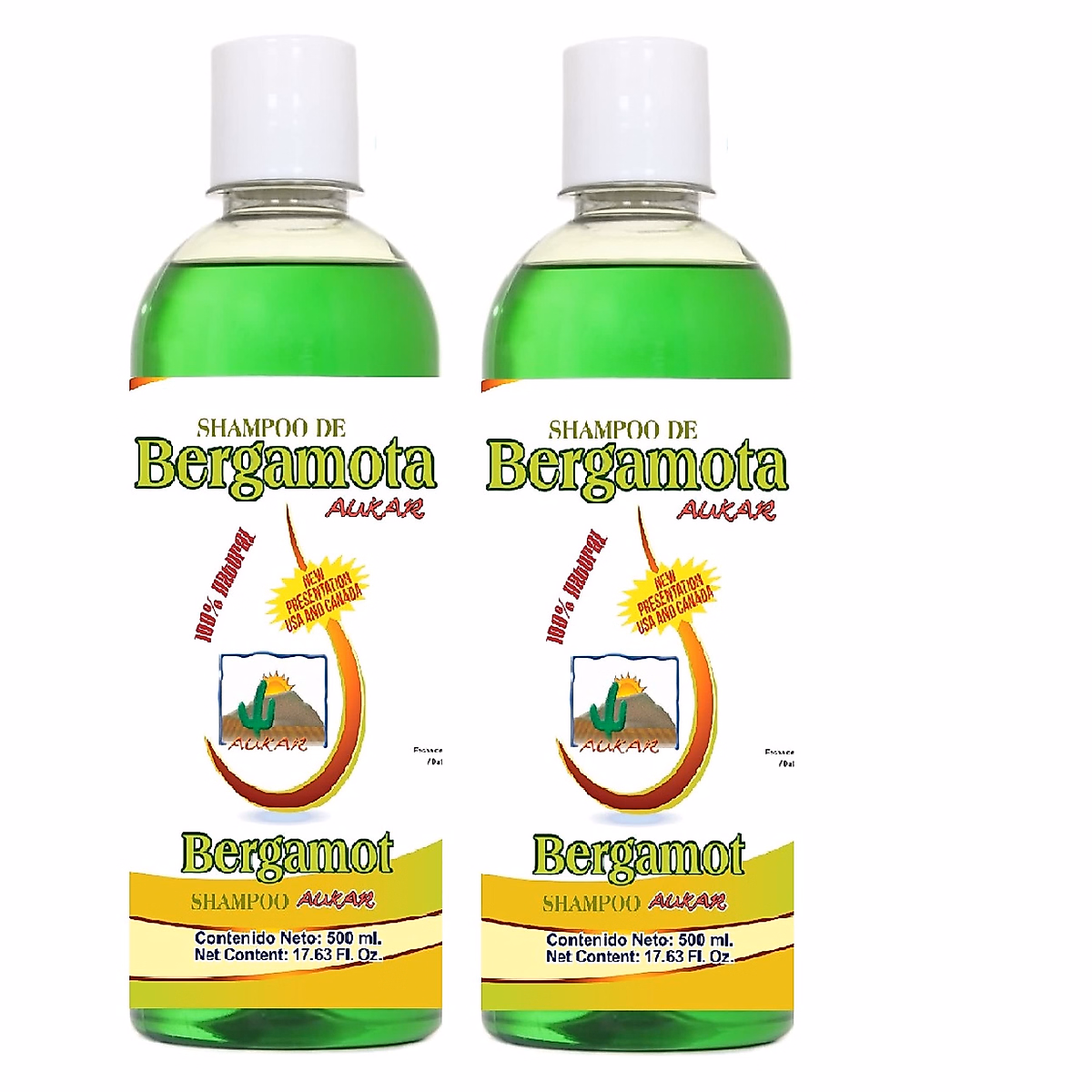 AUKAR Bergamot Shampoo 17.63 Fl Oz (PACK of 2) plus Key Chain Shampoo de Bergamota 500ml más Llavero. Twin Pack. 100% Natural.