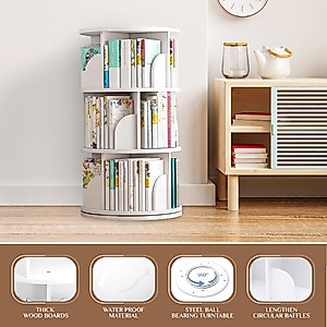 PrimeNex Rotating Bookshelf Tower 360° Display Bookcase, Floor Standing Book Shelf Storage Rack for Kids&Adult, Solid Wood Small Corner Bookshelf Organizer for Bedroom, Living Room- White (3 Tier)