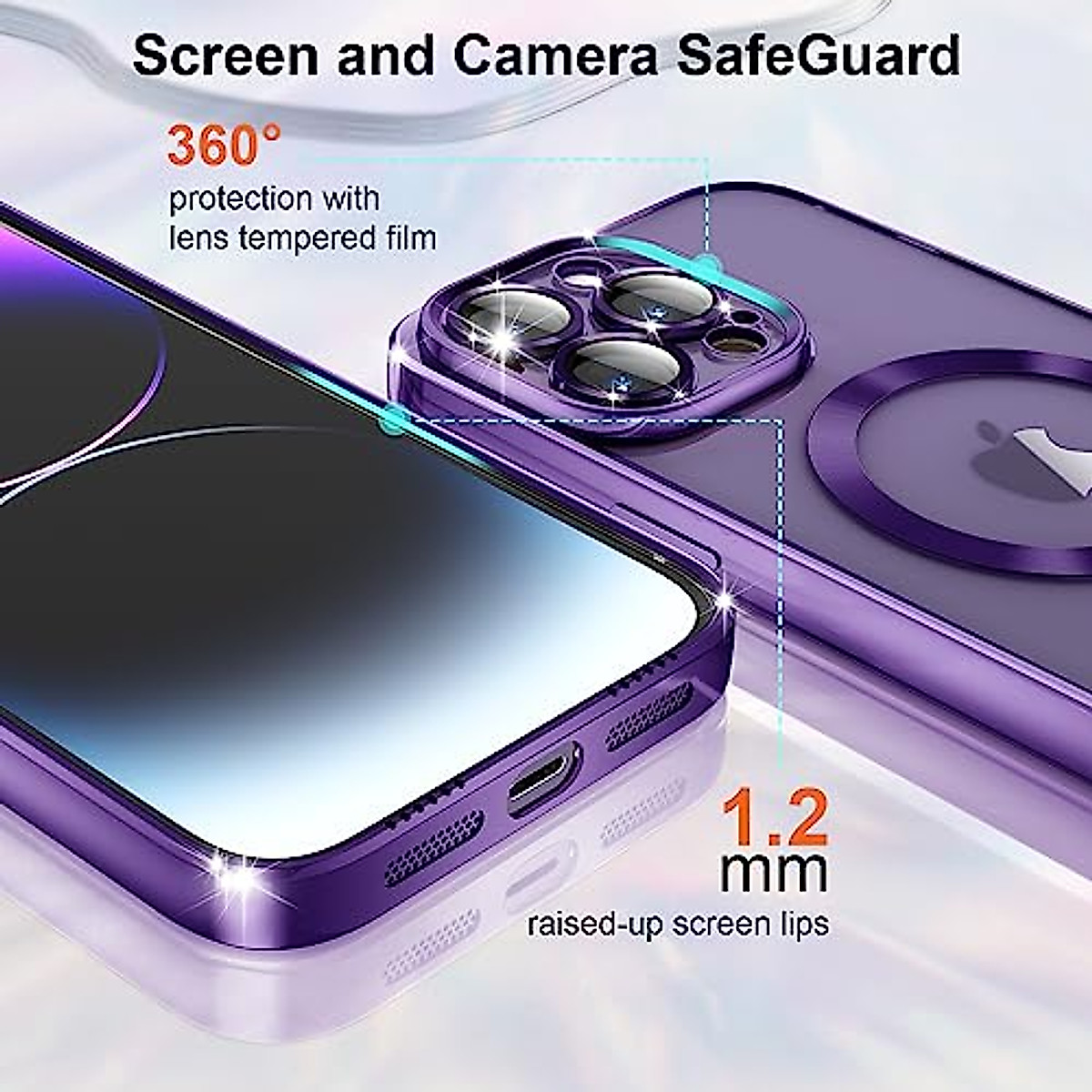 ICREEFUN for iPhone 14 Pro Max Case Clear with MagSafe Full Protection Case Compatible with Camera Lens Protector Elegant Anti-Scratch Case Cover 6.7 Inch - Deep Purple
