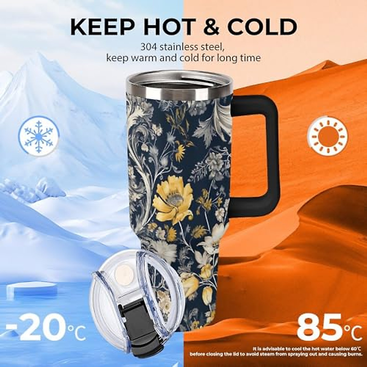 YTLKGFP 40 Oz Large Capacity Car Cup With Floral Pattern Tumbler with Handle (Black) Straw Lid Insulated Stainless Steel Water Bottle Travel Mug Leak-proof Car Cup Keeps Cold Or Hot