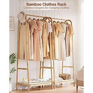 Bamboo Clothes Rack, Freestanding Clothing Rack with Storage Shelf and Hanging Rod, Easy Assemble, Portable Clothes Rack, Wooden Space-Saving Garment Rack Organizer for Entryway, Bedroom, Living Room