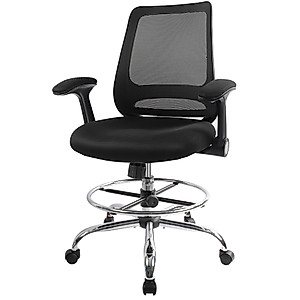 Drafting Chair, Height Adjustable Tall Office Chair, Standing Desk Chair with Adjustable Foot Ring and Flip-Up Arms, Black
