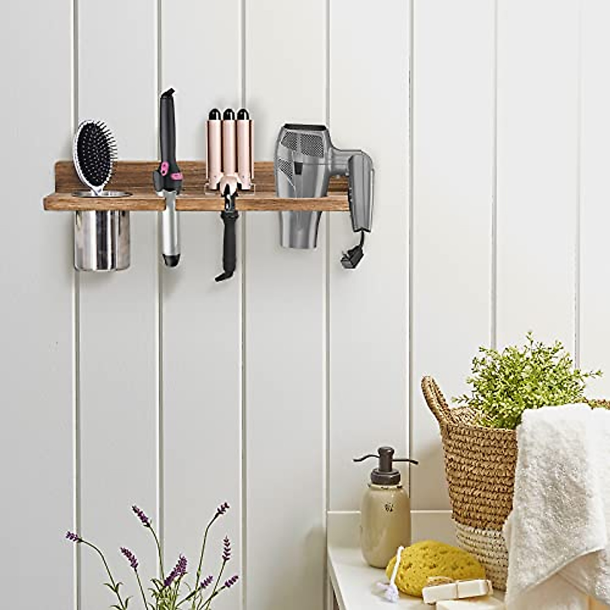 Bathroom Wall Mount Hair Dryer Holder Hair Care & Styling Tool Organizer, Farmhouse Wooden Beauty Hair Appliance Holder for Flat Iron, Curling Wand, Hair Straighteners, Brushes,Dark Brown