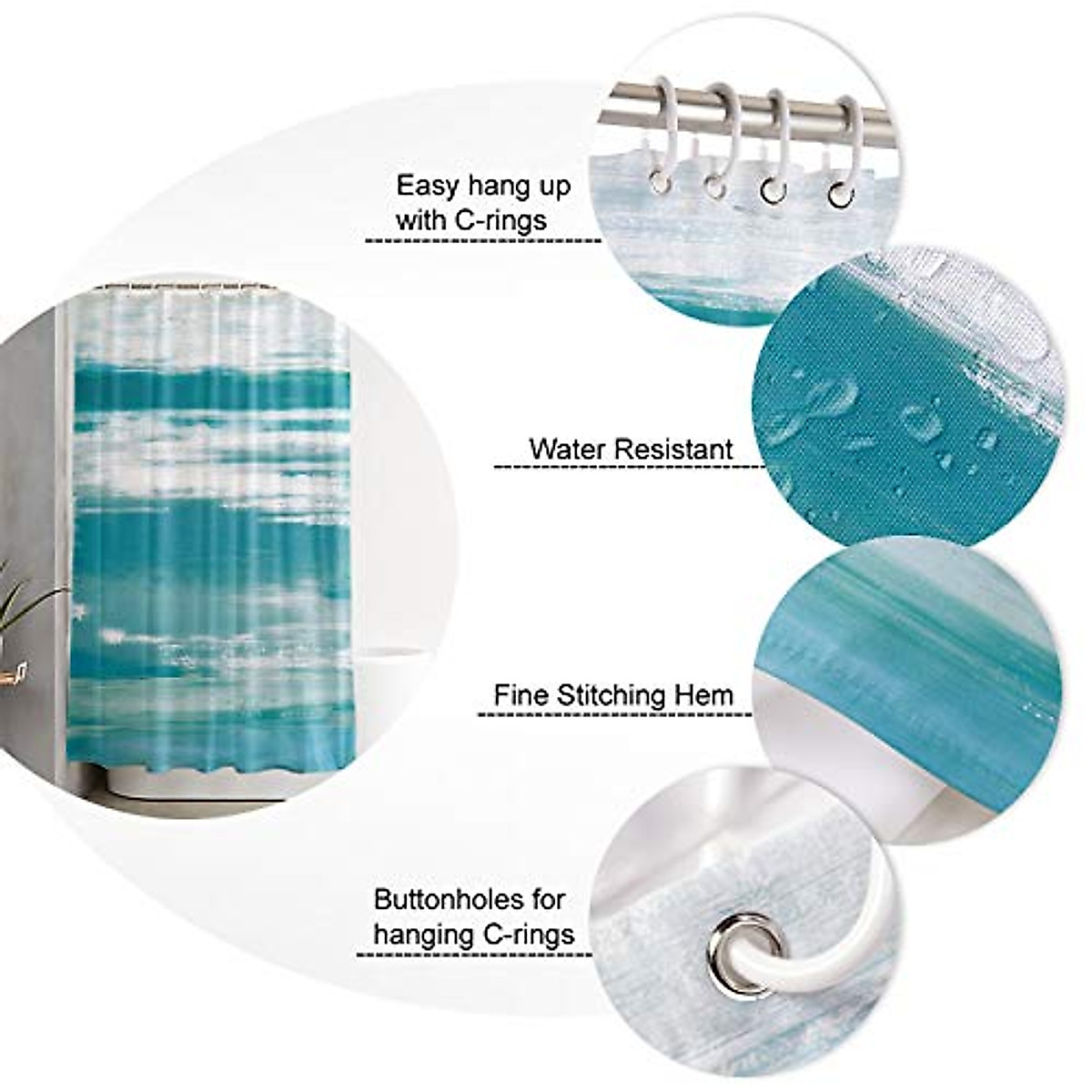 BestLives 4 Pcs Shower Curtain Sets with Rugs Abstract Turquoise Cyan Non-Slip Soft Toilet Lid Cover for Bathroom Ombre Turquoise Art Texture Bathroom Sets with Bath Mat and 12 Hooks