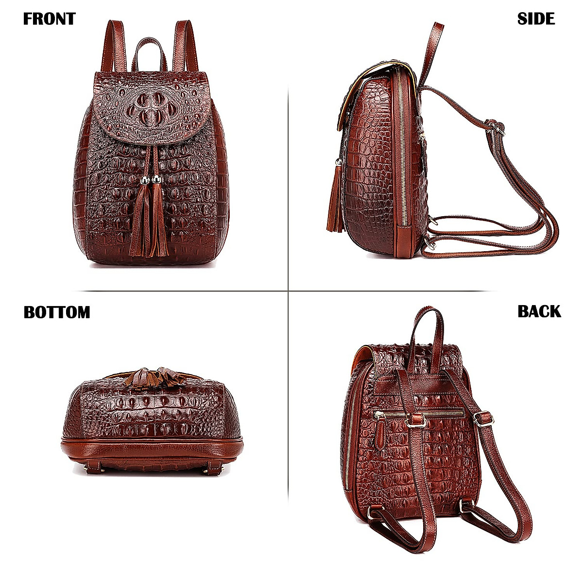 COOLCY Women Small Genuine Leather Backpack Purse Crocodile Designer Bag (Dark Brown)