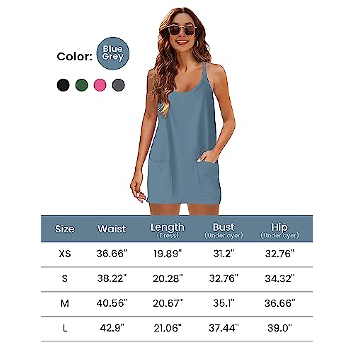 Faleave Women's Summer Sleeveless Mini Dress Athletic Dress Spaghetti Strap Short Tennis Dress with Pockets(Bluegrey-S)